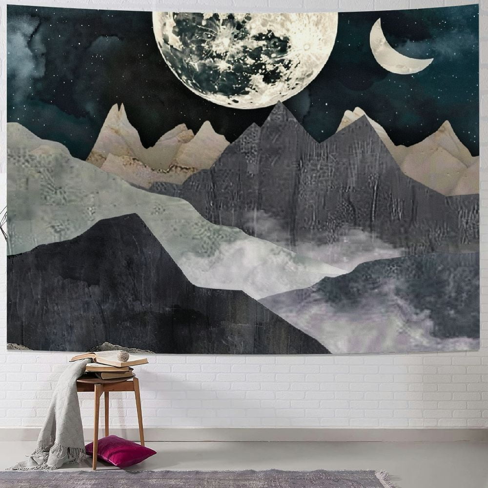 Shiartex Mountain Tapestry Moon and Stars Tapestries Starry Night Sky ...
