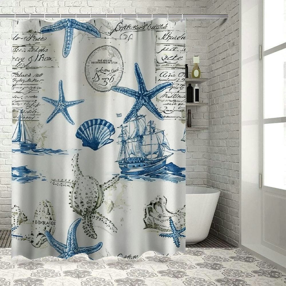 Shiartex Nautical Coastal Shower Curtain Vintage Sailboat Compass ...