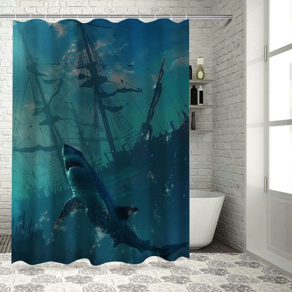 Shiartex Nautical Shower Curtain, Dolphins Ruined Wreckage Underwater ...