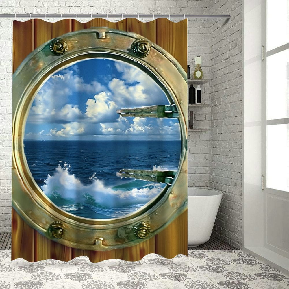 Shiartex Nautical Shower Curtain, Porthole Wooden Background Window ...