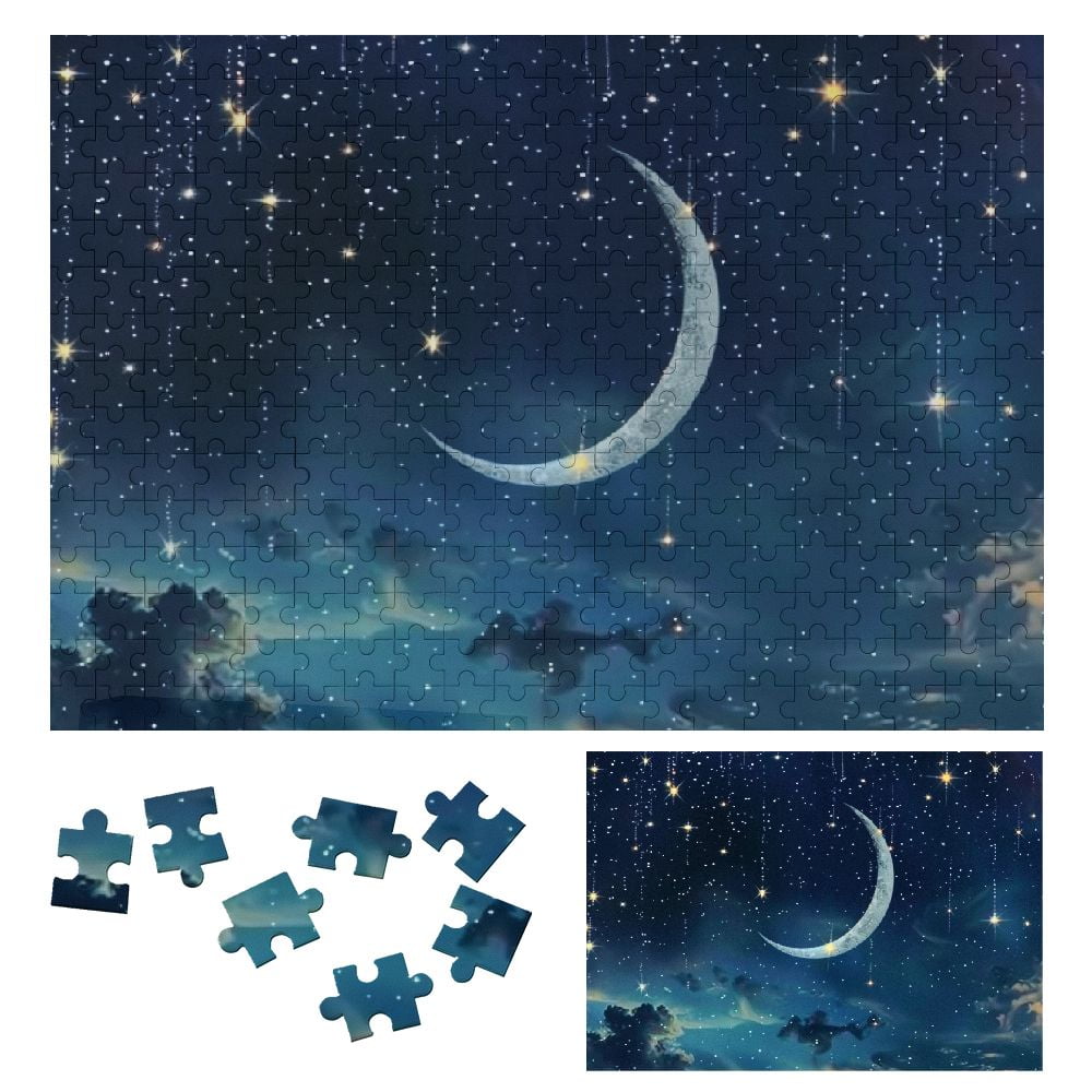 Shiartex Night Sky Stars Crescent Moon Print Wooden Jigsaw Puzzle Challenging Difficult Wood ...