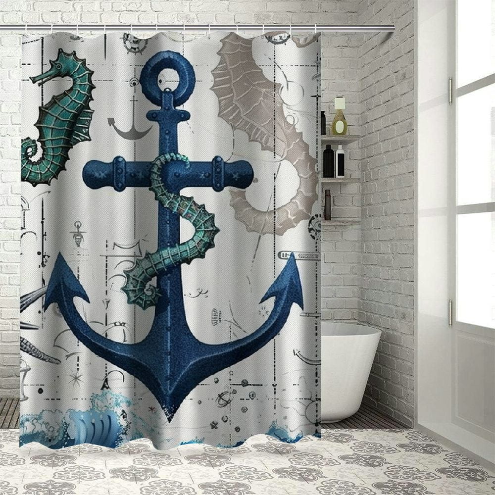 Shiartex Ocean Coastal Shower Curtain Nautical Anchor Blue Rudder Shell ...