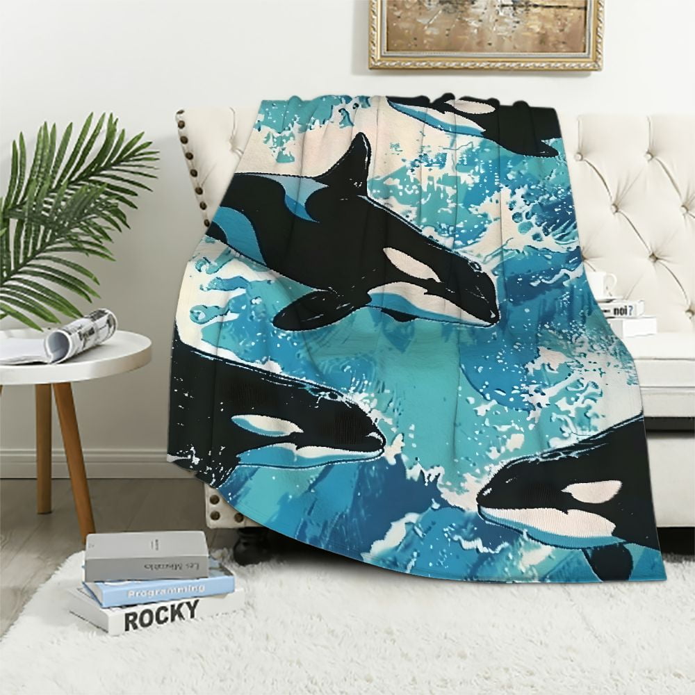 Shiartex Orca Whales Ocean Waves Print Throw Blanket for Bed Sofa Living Room Decor All Seasons ...