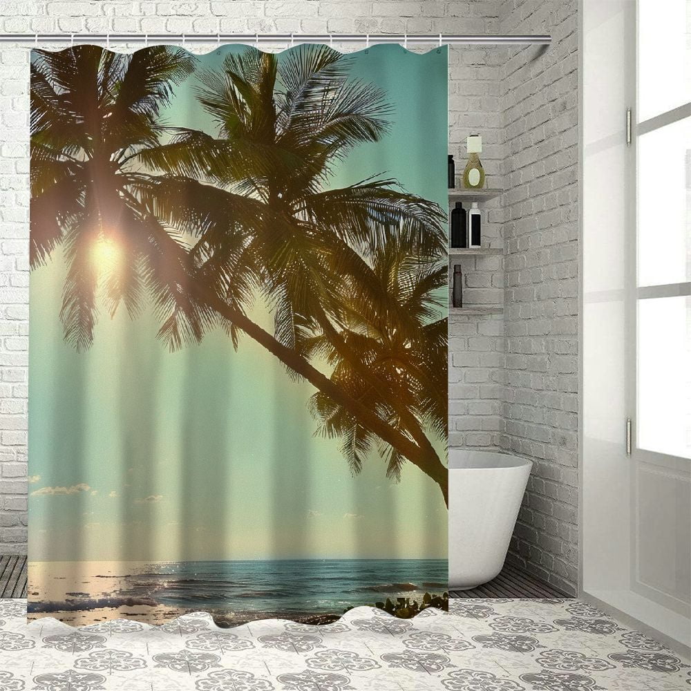 Shiartex Palm Tree Shower Curtain, Sunset Tropical Beach Dusk on ...