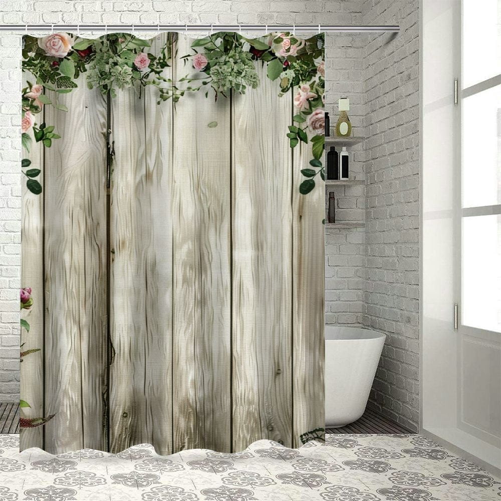 Shiartex Pink Country Cottage Flower Shower Curtain Set, Gray Barn Door ...