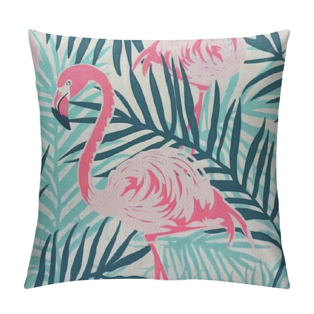 Shiartex Pink Flamingo Throw Pillow Cover Standing On Tropical Leaves ...