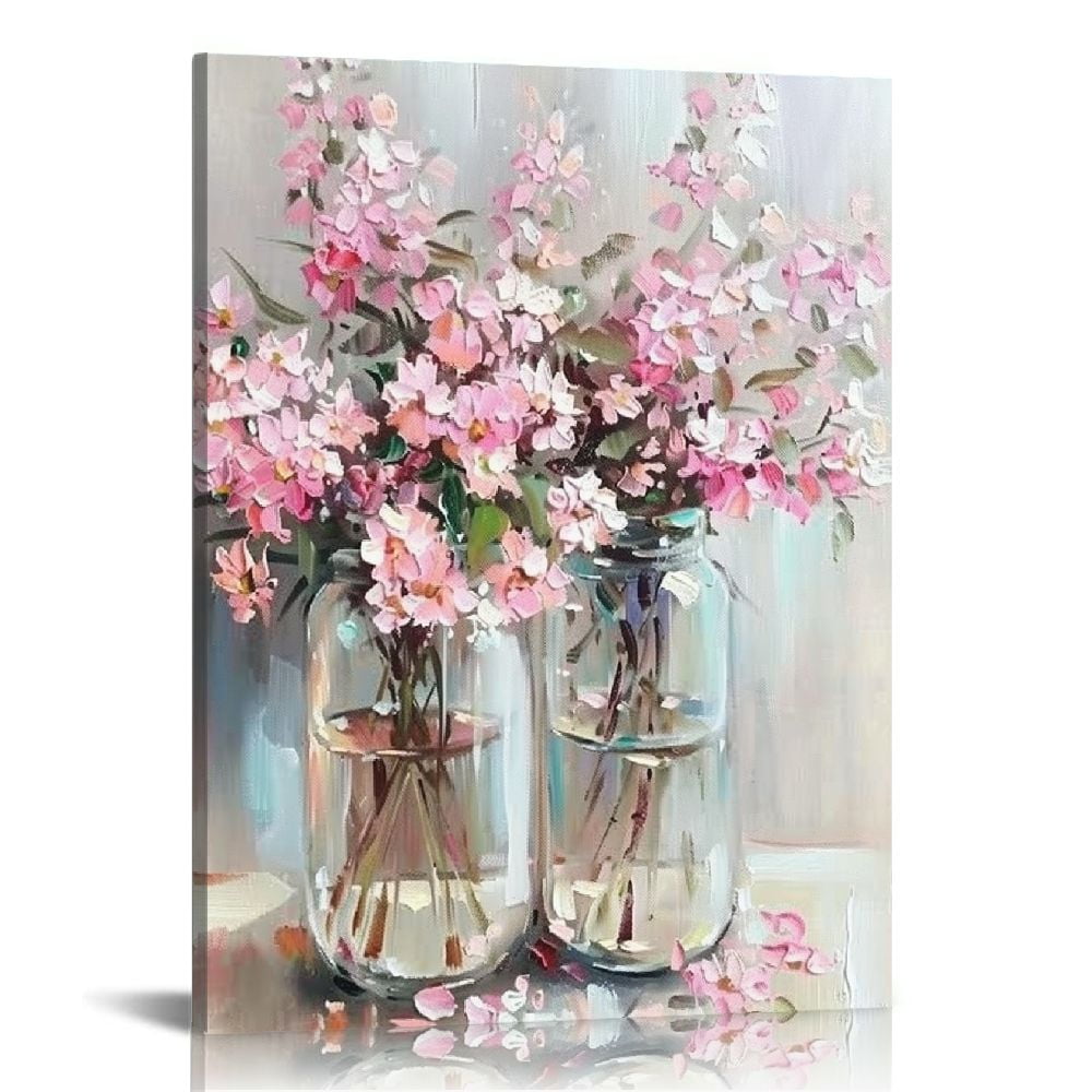 Shiartex Pink Flowers Canvas Wall Art: Abstract Bouquet in Vase Artwork ...