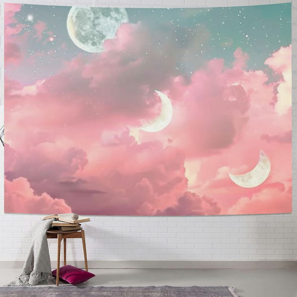 Shiartex Pink Moon Phase Tapestry Wall Hanging, Cloud Moon Phase ...