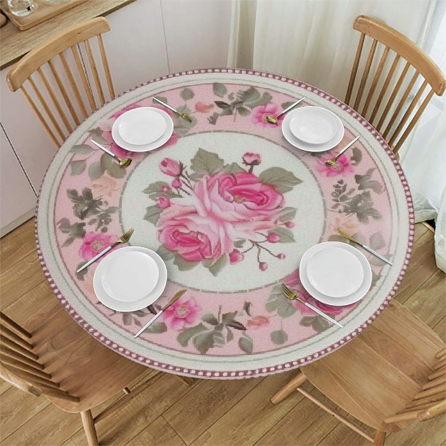 Shiartex Pink Vintage Floral Roses Round Tablecloth, Waterproof Stain ...