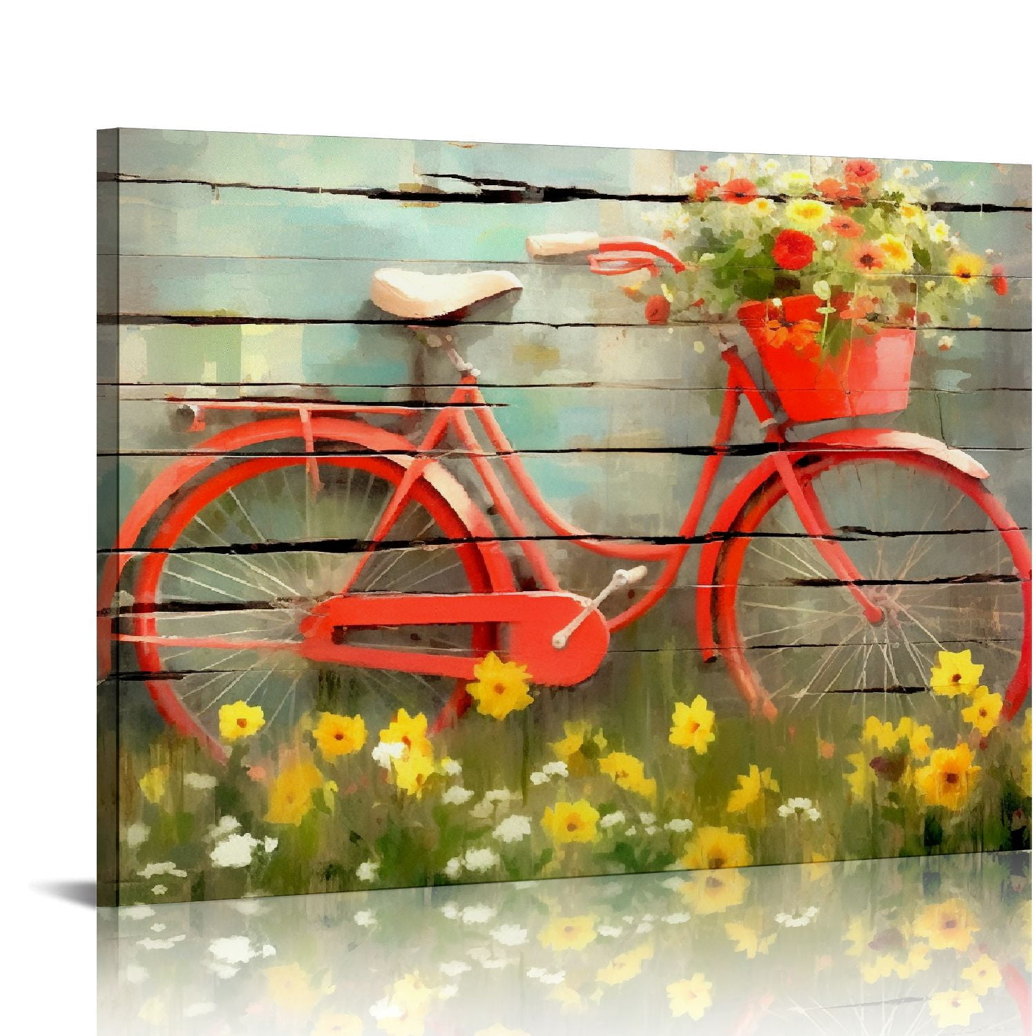 Shiartex Red Bike In Grass With Wood Grain Wall Art Picture Canvas ...