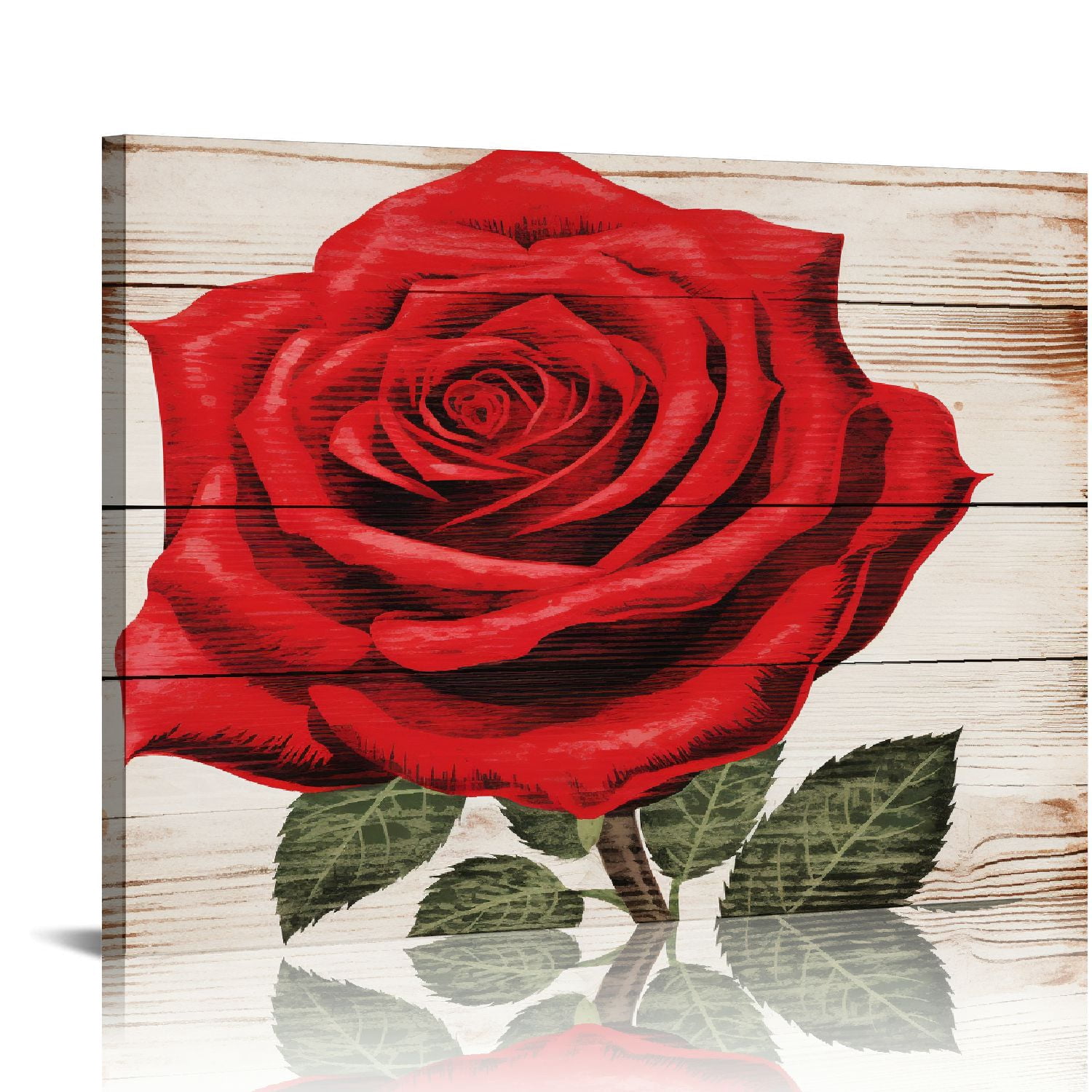 Shiartex Red Rose With Wood Grain Wall Art Flower Picture Canvas ...