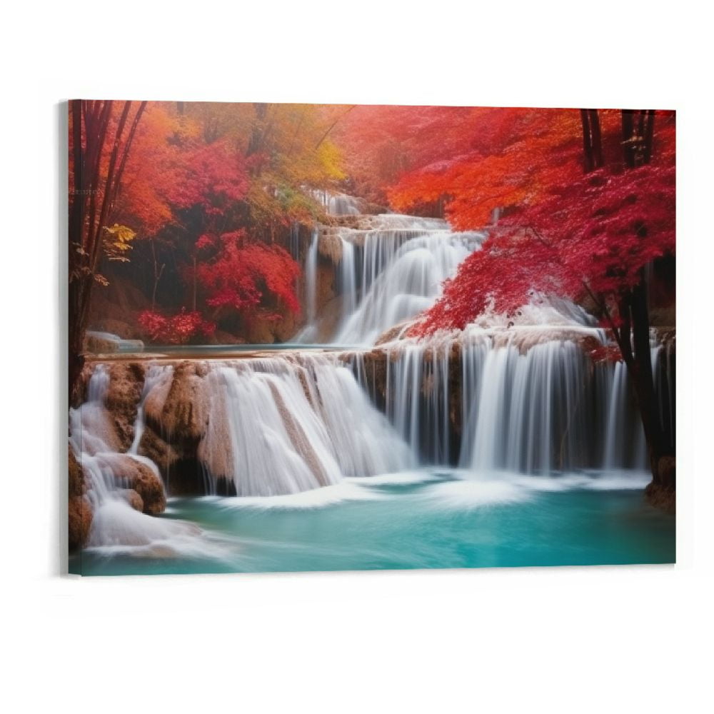 Shiartex Red Waterfall Wall Art Waterfall Landscape Picture Forest Tree ...