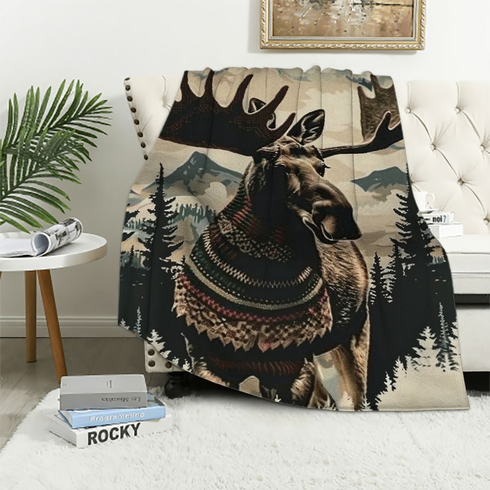 Shiartex Retro Moose Deer Flannel Blankets, Vintage Cottage Country ...