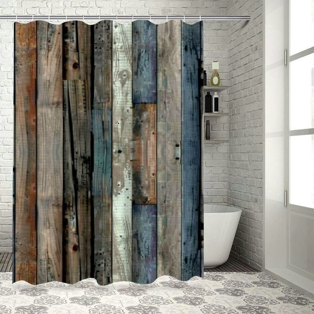 Shiartex Rustic Stall Shower Curtain, Blue Grey Grunge Wood Planks Barn House Door Nails Country ...