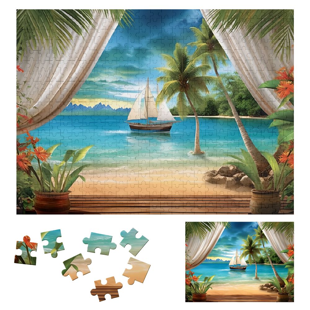 Shiartex Sailboat Tropical Beach Wooden Deck Print Wooden Jigsaw Puzzle ...