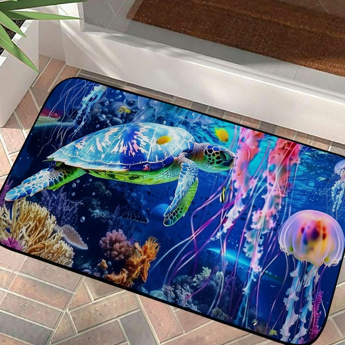 Shiartex Sea Turtle Jellyfish Coral Reef Low-Profile Floor Mats, Front ...