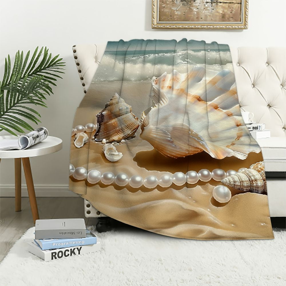 Shiartex Seashell Pearls Sandy Beach Print Throw Blanket Flannel Hand ...
