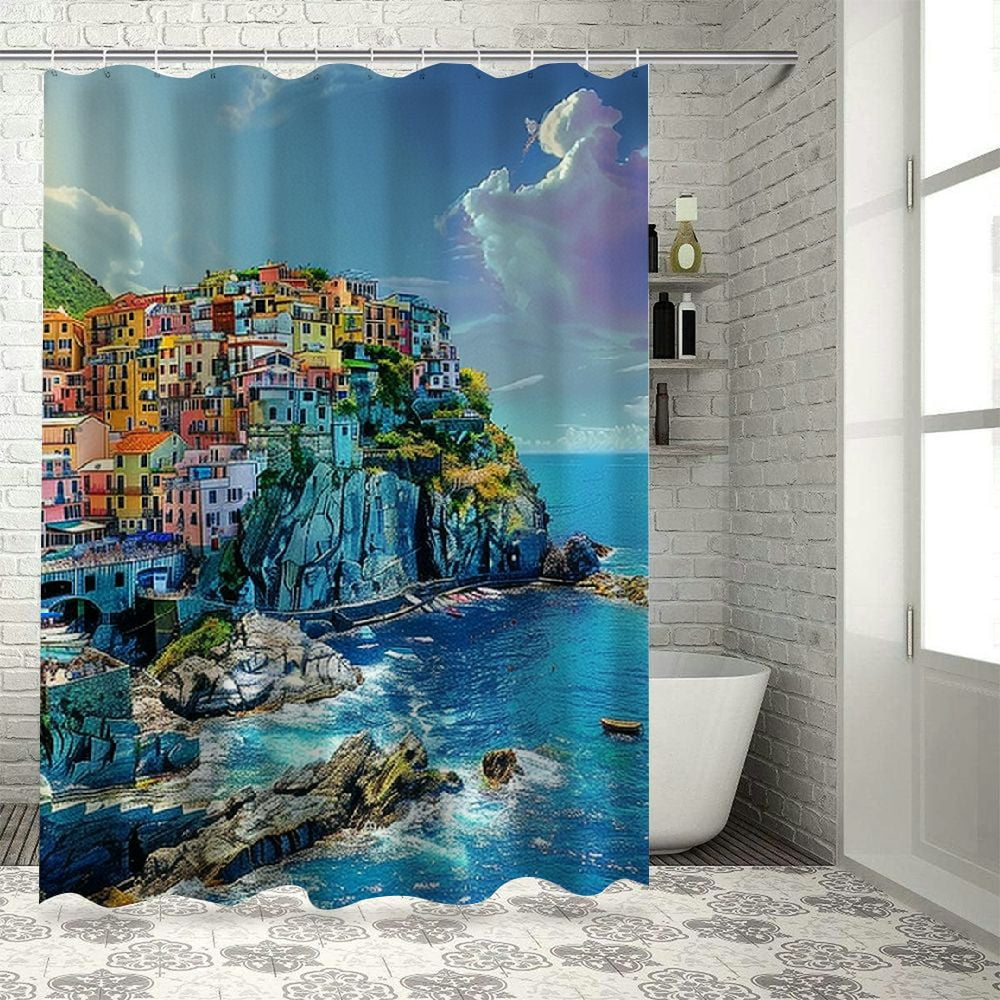 Shiartex Shower Curtain, Mediterranean Sea Traditional Italian Design ...