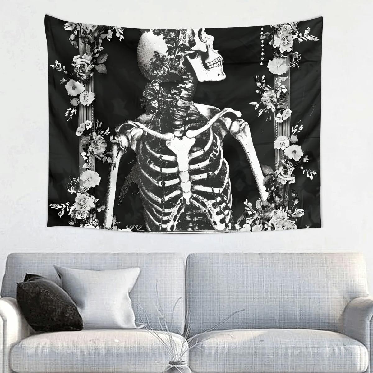 Shiartex Skeleton Flowered Frame Human Head 100% Polyester Tapestry ...