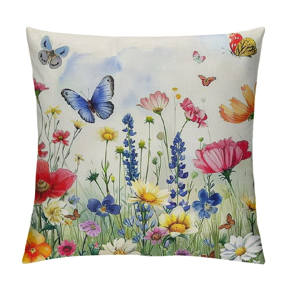 Shiartex Spring Floral Throw Pillow Covers Garden Flowers Poppy Butterfly Bike Rustic Farmhouse ...