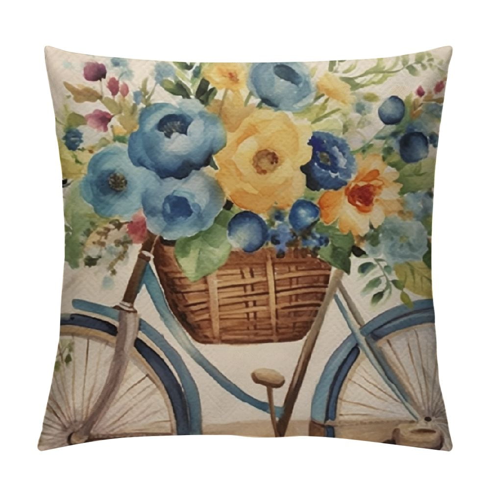 Shiartex Spring Summer Blue Flower Bicycle Lumbar Decorative Throw Pillow Cover, Floral Rose ...