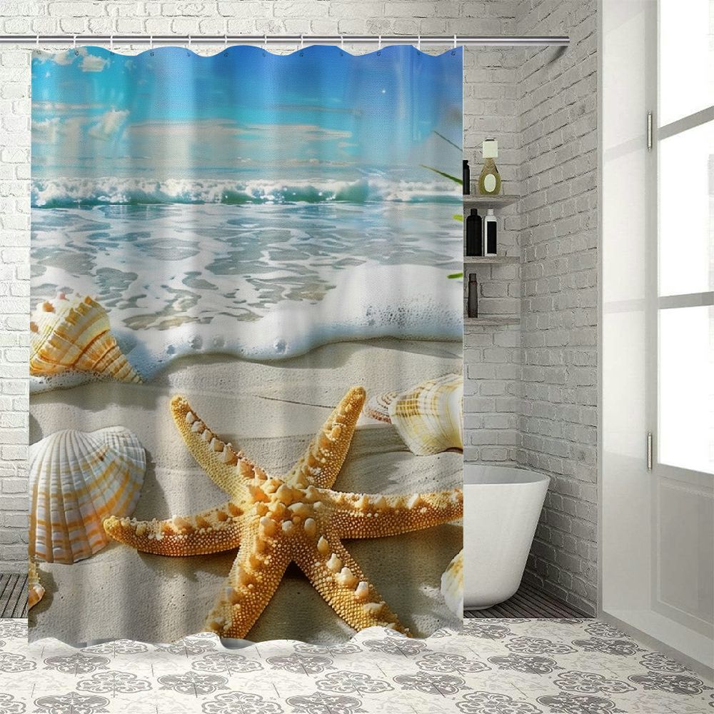 Shiartex Starfish Beach Shower Curtain Tropical Palm Leaf Seashell ...
