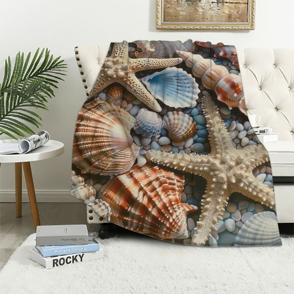 Shiartex Starfish Seashell Blanket,Conch Sea Shell Blanket Coastal ...
