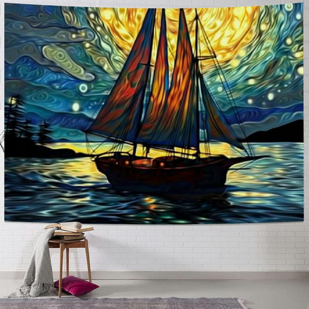 Shiartex Starry Night Tapestry Aesthetic Sailing Boat Tapestry Galaxy ...