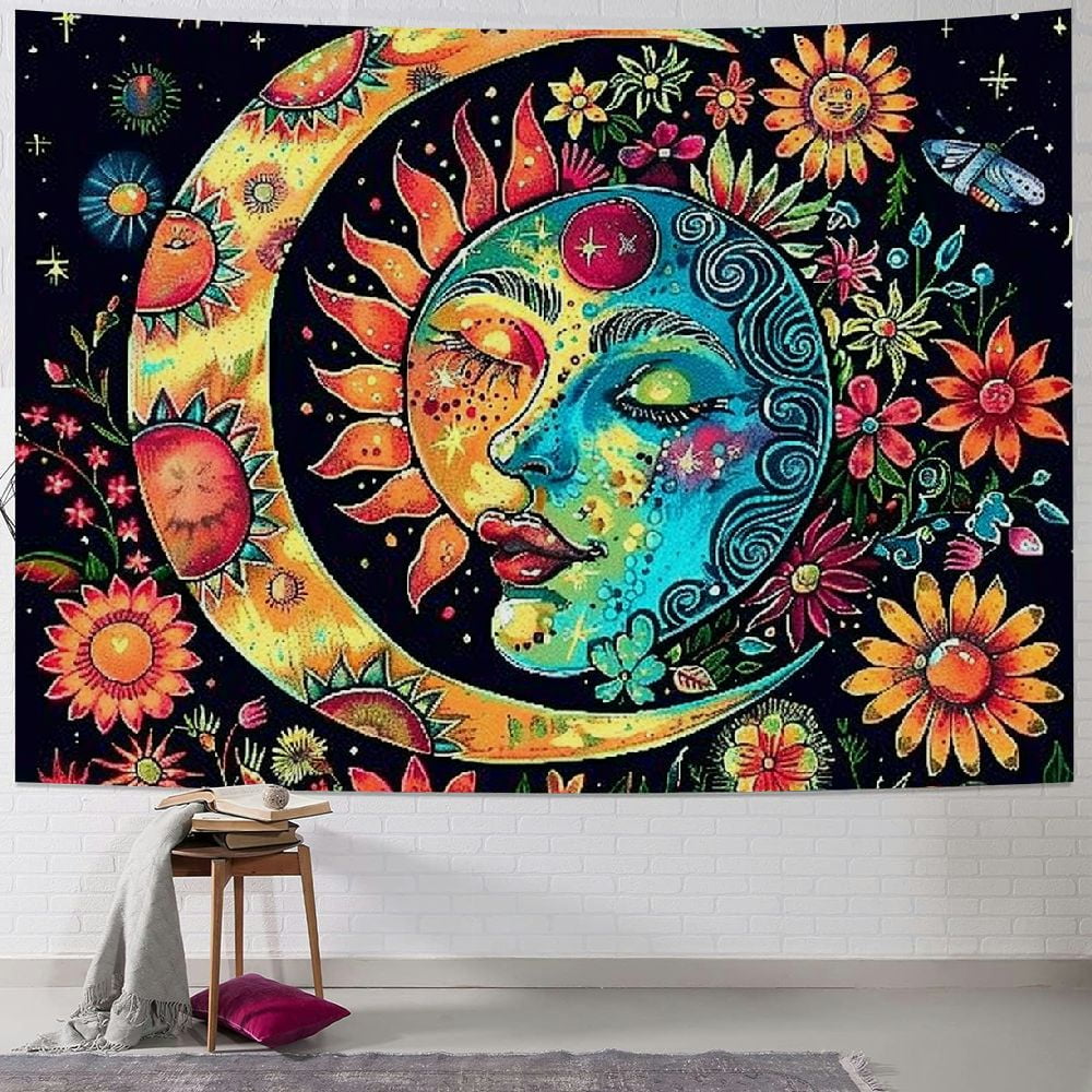 Shiartex Sun and Moon Tapestry Flower Tapestry Hippie Boho Floral Plant ...