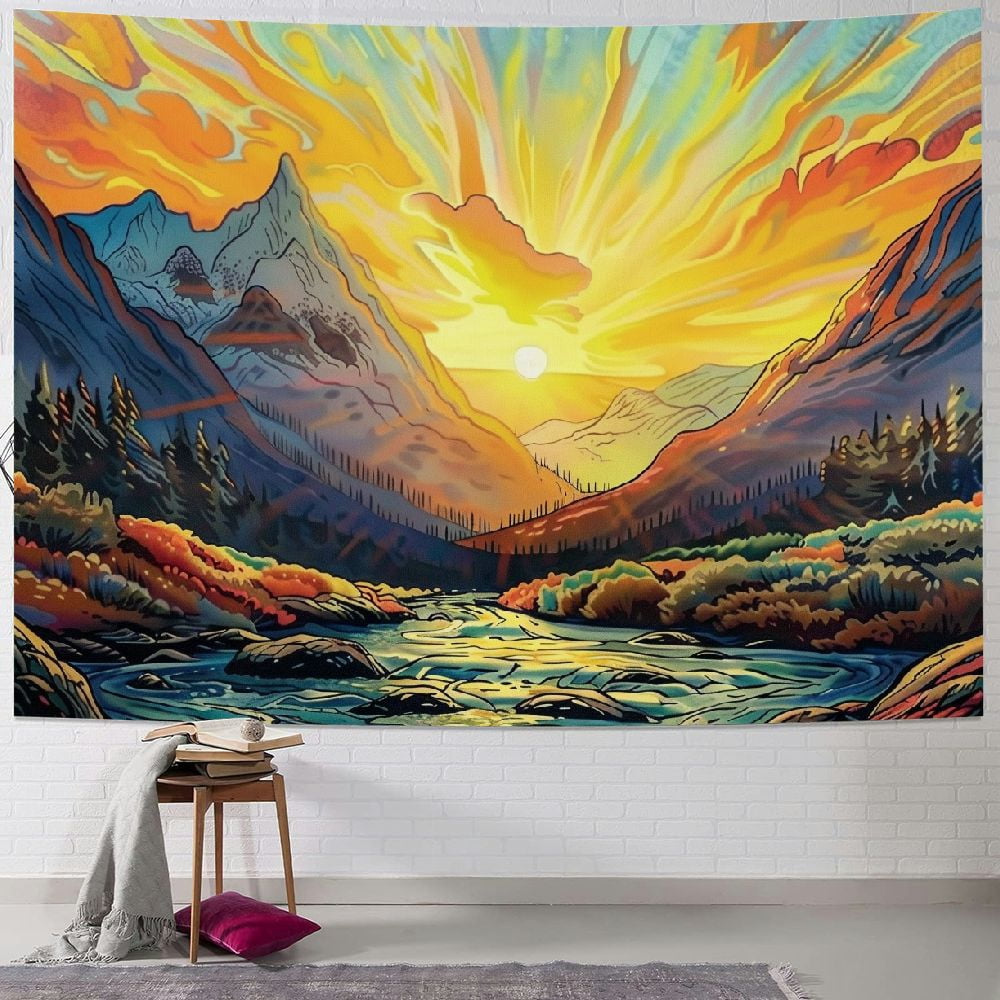 Shiartex Sun Mountain Tapestry Trippy Forest Tree Tapestry Vintage ...
