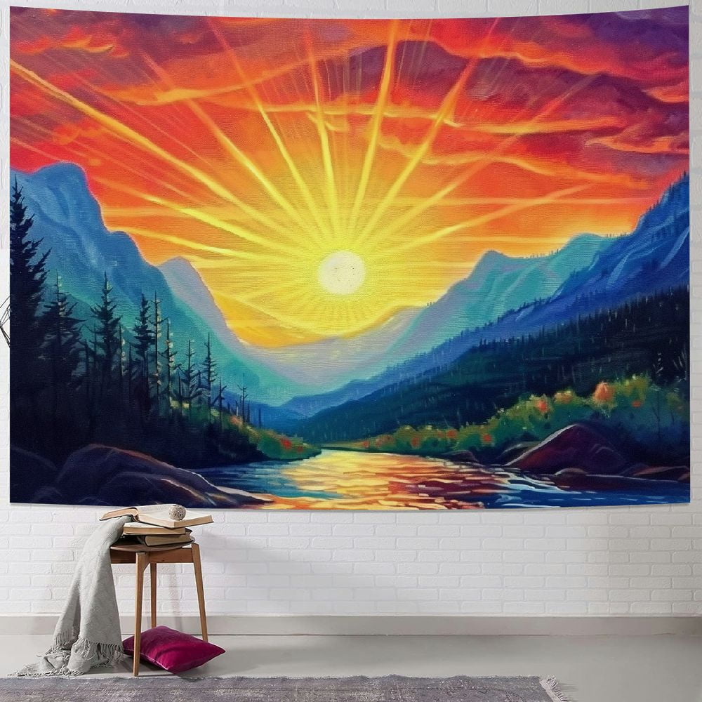 Shiartex Sunset Tapestry Rustic Wall Art Mountain Woodland Retro Nature ...