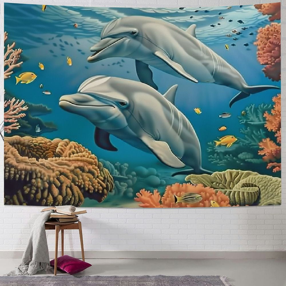 Shiartex Tapestry As Wall Art Dolphins Undersea With Corals Tapestry ...