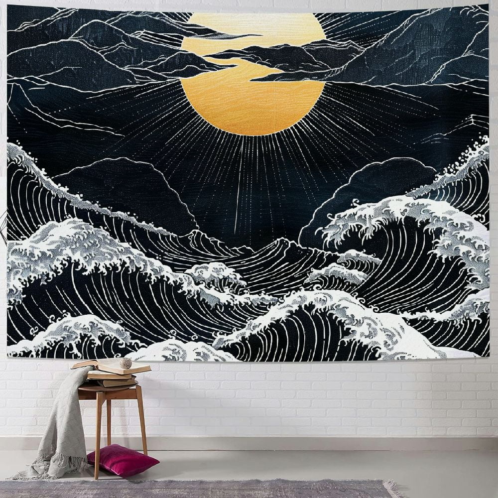 Shiartex Tapestry Moon and Star Tapestry Ocean Wave Tapestry and White ...
