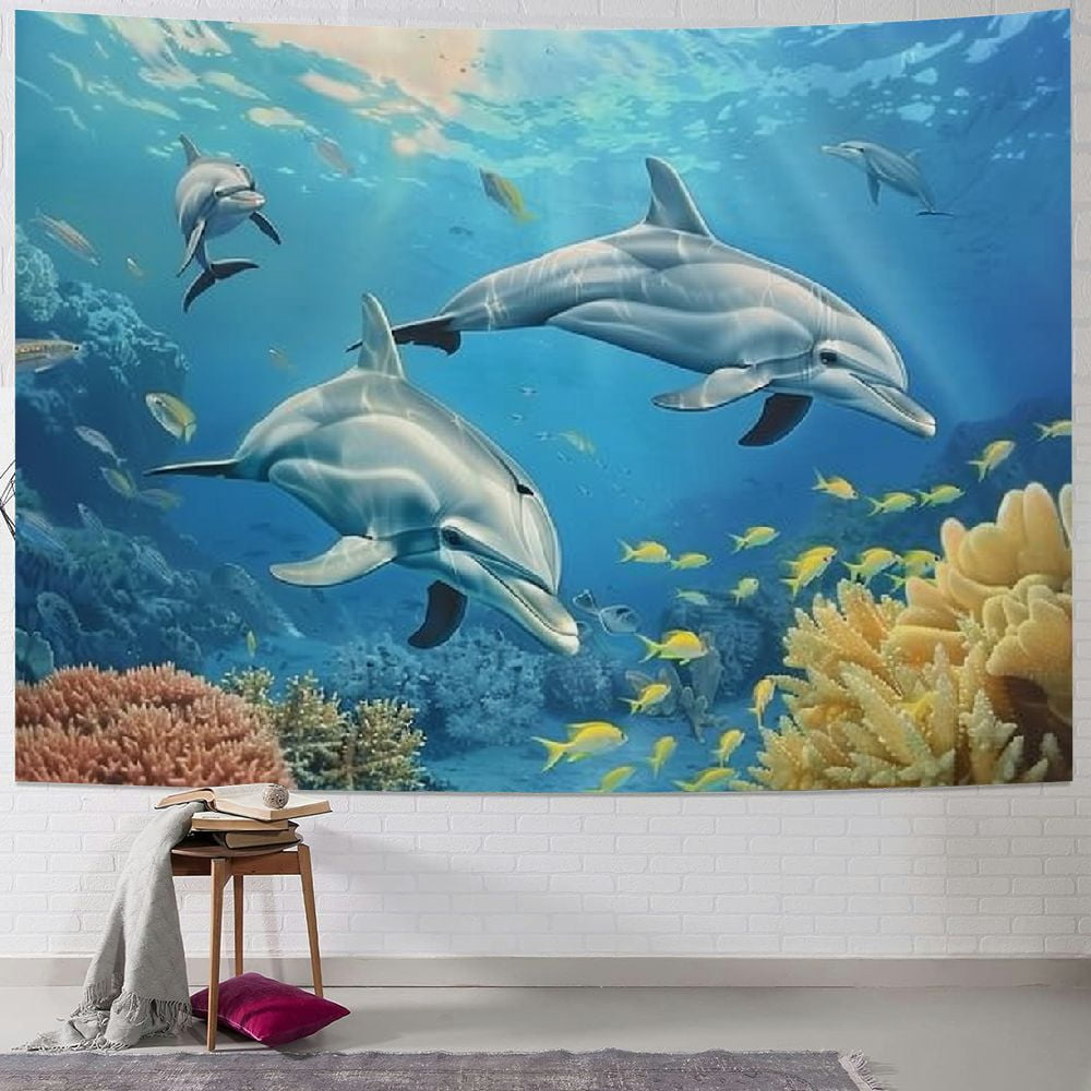 Shiartex Tapestry Wall Hanging Two Dolphins And Corals Swimming In The ...