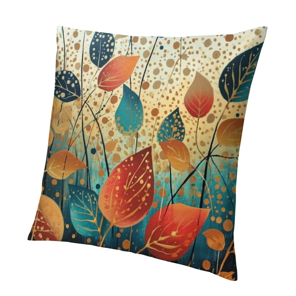 Shiartex Teal Gold Autumn Leaves with Polka Dots Satin Square Throw ...