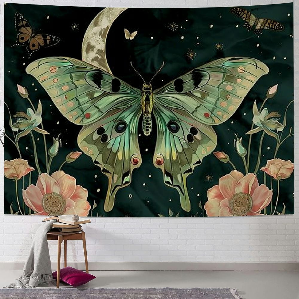 Shiartex Teal Luna Moth Tapestry Wall Hanging, Moon Phase Stars Cute ...