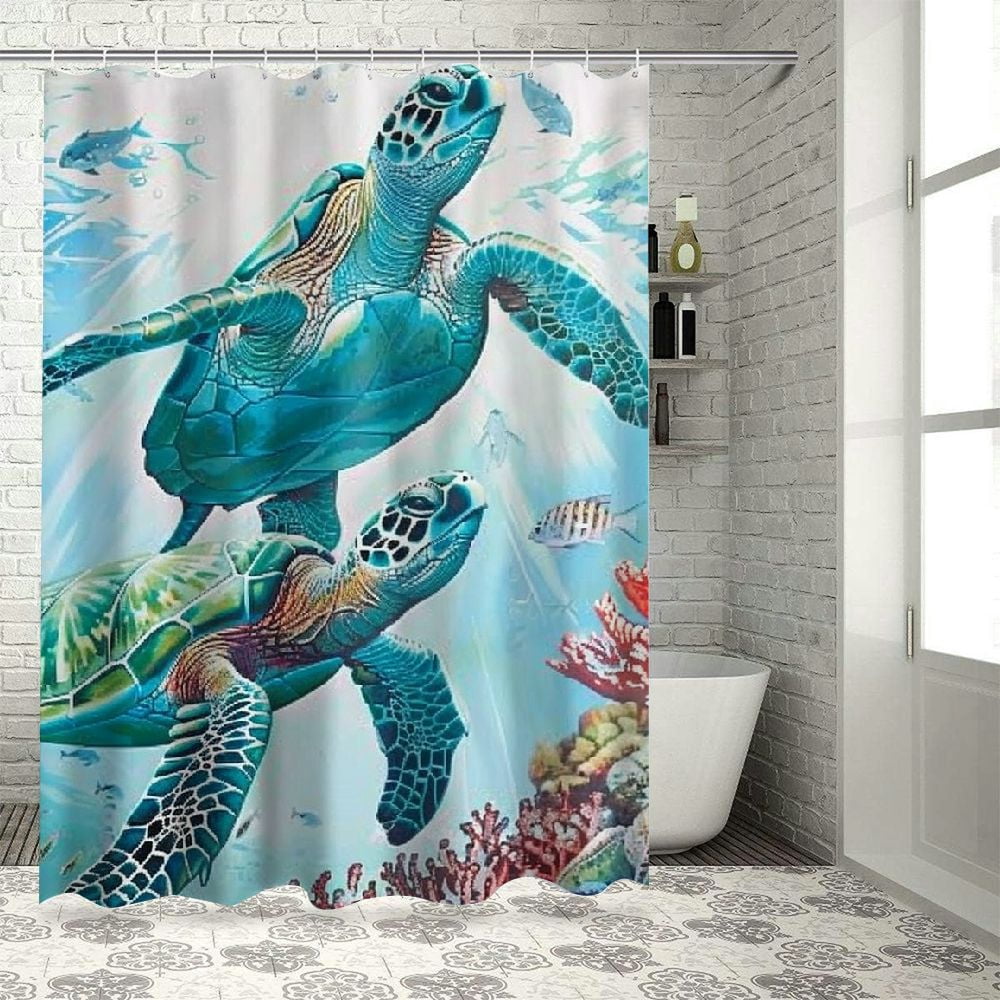 Shiartex Teal Sea Turtle Shower Curtain Set, Beach Coastal Theme Shower ...