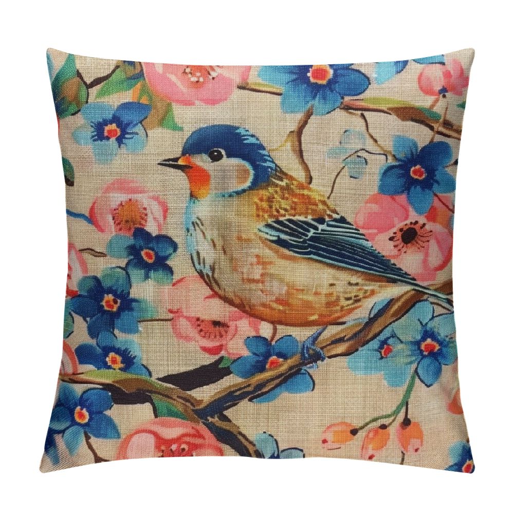Shiartex Throw Pillow Covers Cute Blue Robin Birds with Pink Flower ...