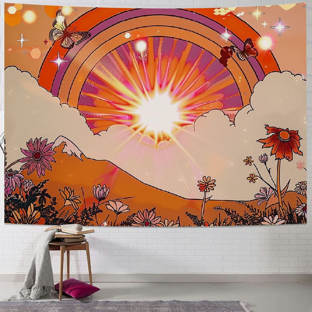 Shiartex Vintage 70s 60s Groovy Tapestry, Retro Flowers Clouds Sun and ...