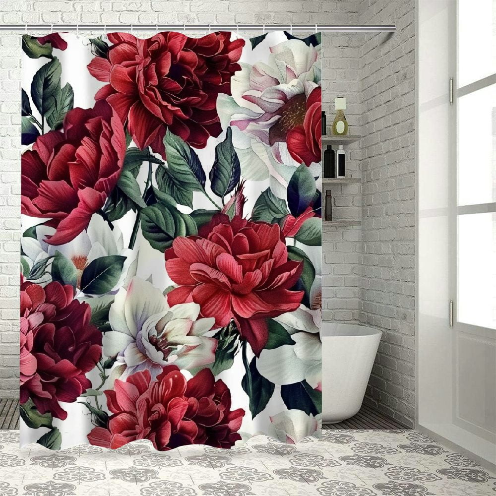 Shiartex Vintage Floral Shower Curtain with Hooks,Peony Rose Flower ...