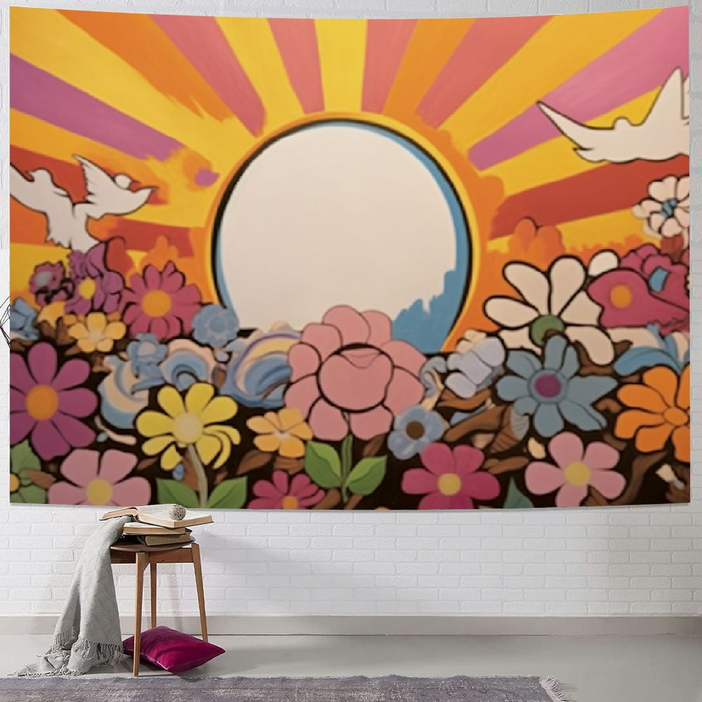 Shiartex Vintage Floral Tapestry Bohemian Rainbow Orange Abstract ...