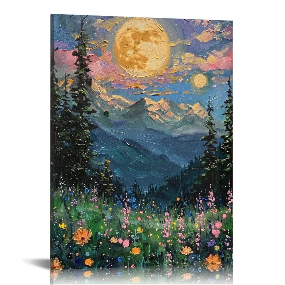 Shiartex Vintage Full Moon Above The Wildflowers Canvas Wall Art ...