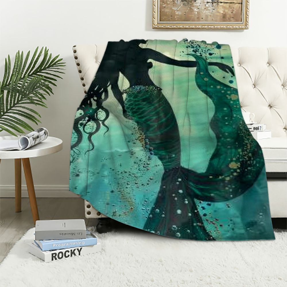 Shiartex Watercolor Mermaid Blanket,Teal Color Ocean Mermaid Decor ...