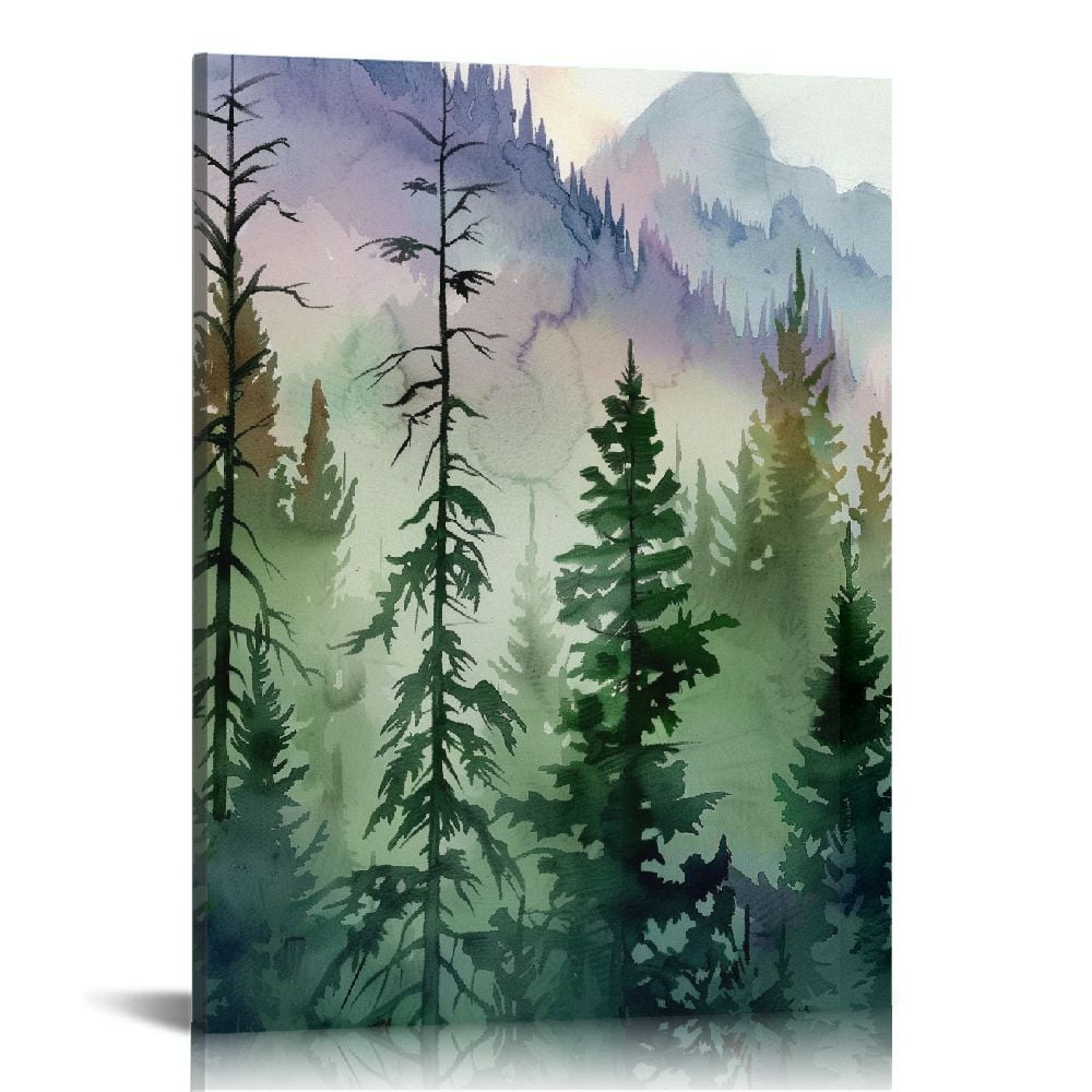 Shiartex Watercolor Mountain Range Framed Canvas Wall Art, Green Forest ...