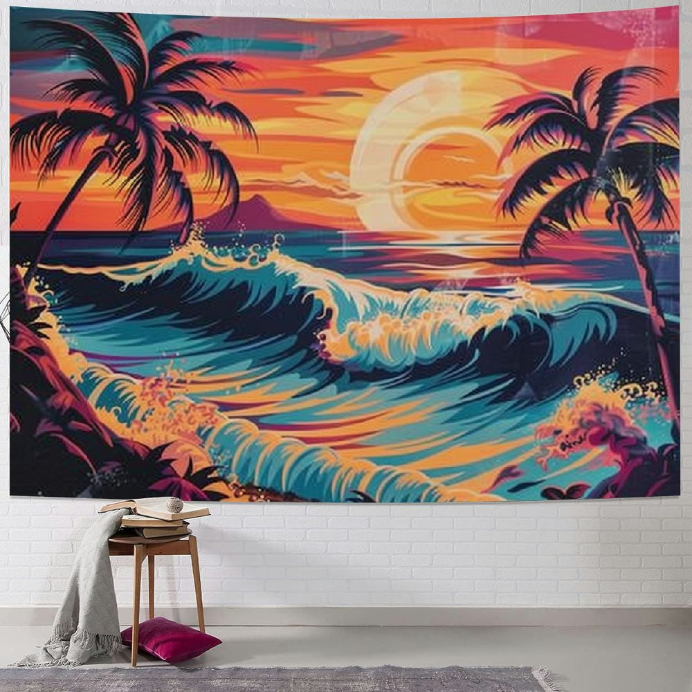 Shiartex Wave Tapestry Trippy Sun Tapestry Neon Palm Tree Wall Tapestry ...
