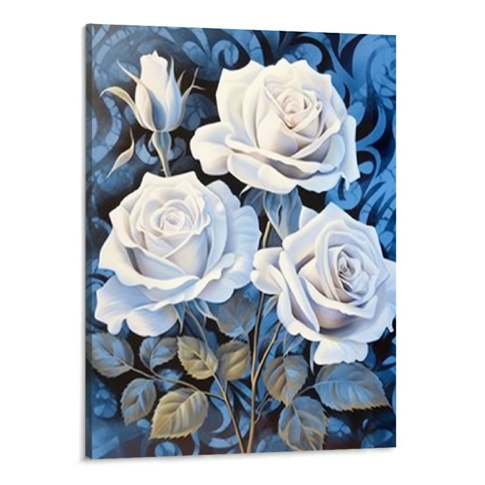 Shiartex White Flower Picture Canvas Wall Art Blue Abstract Theme for ...