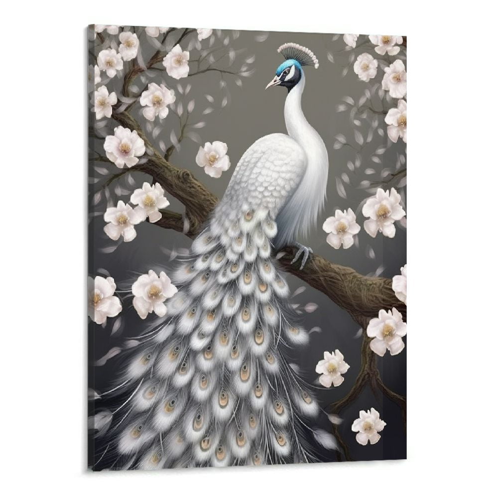 Shiartex White Peacock Canvas Wall Art Elegant Animal Painting Picture ...