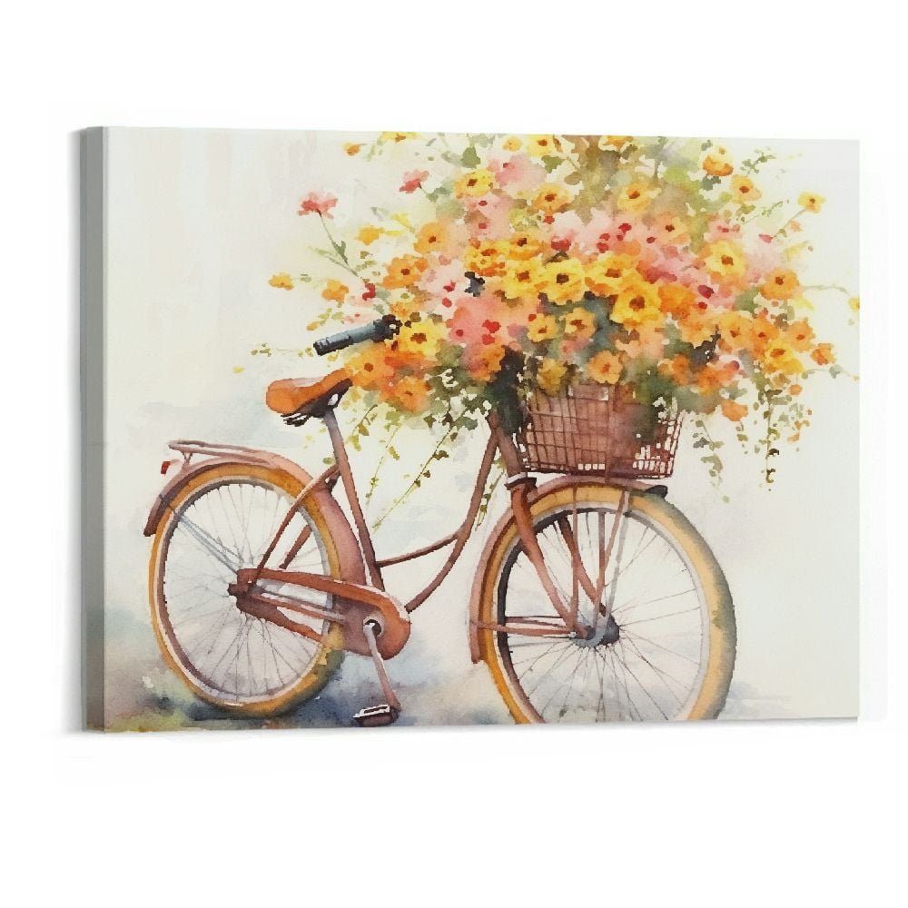 Shiartex Yellow Bicycle Flower Painting Wall Art Watercolor Abstract ...