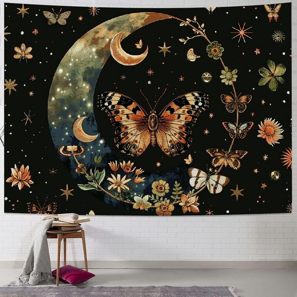 Shiartex Yellow Butterfly Moon Flower Tapestry Botanical Floral Plant ...