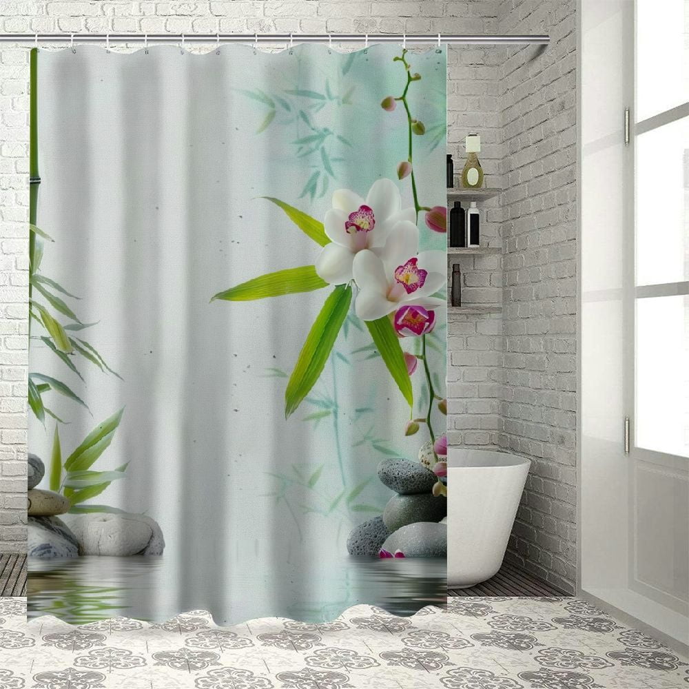 Shiartex Zen Spa Shower Curtain Green Bamboo Zen Stone Japanese Lotus ...